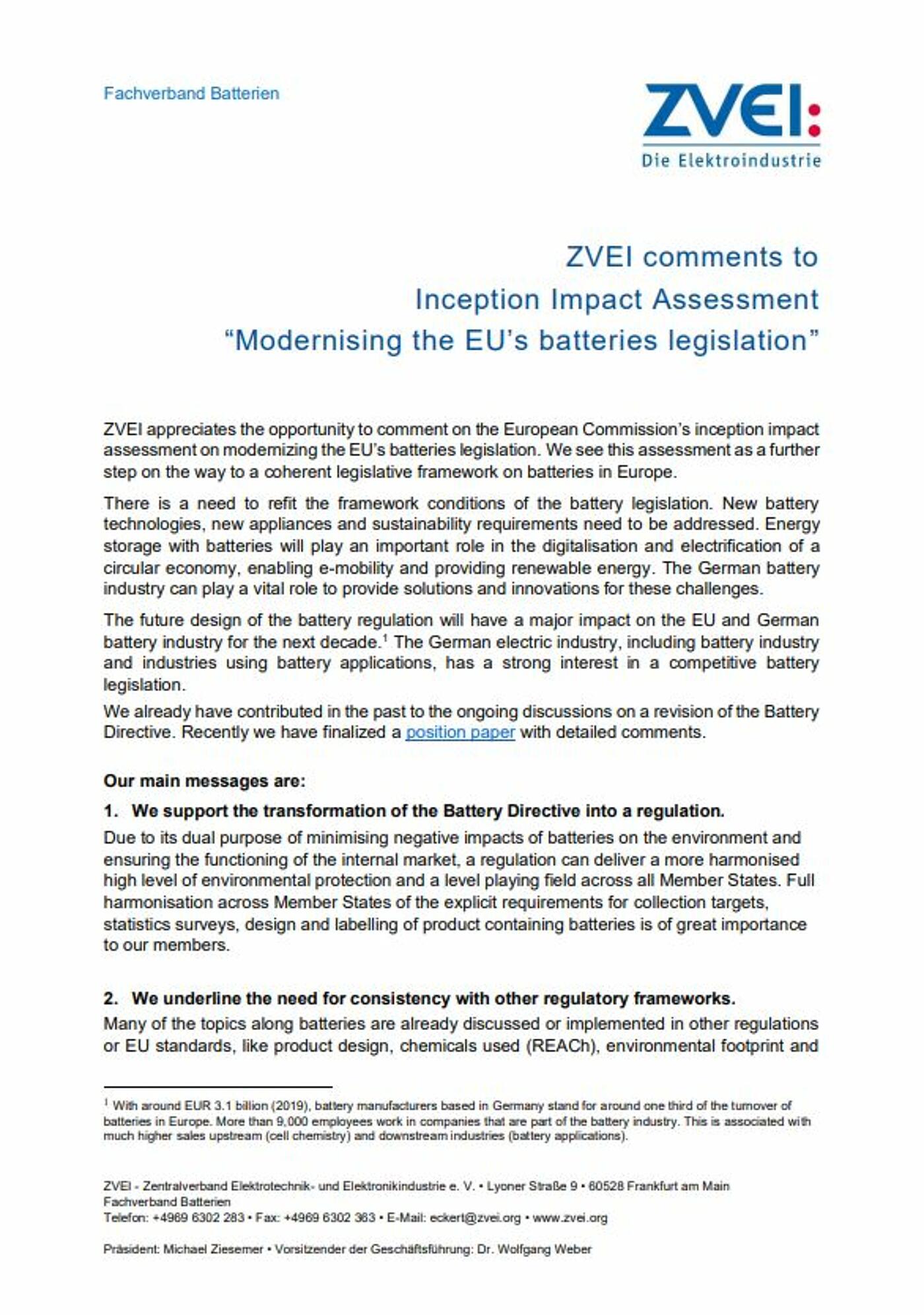 ZVEI comments to Inception Impact Assessment for the Battery Directive ...