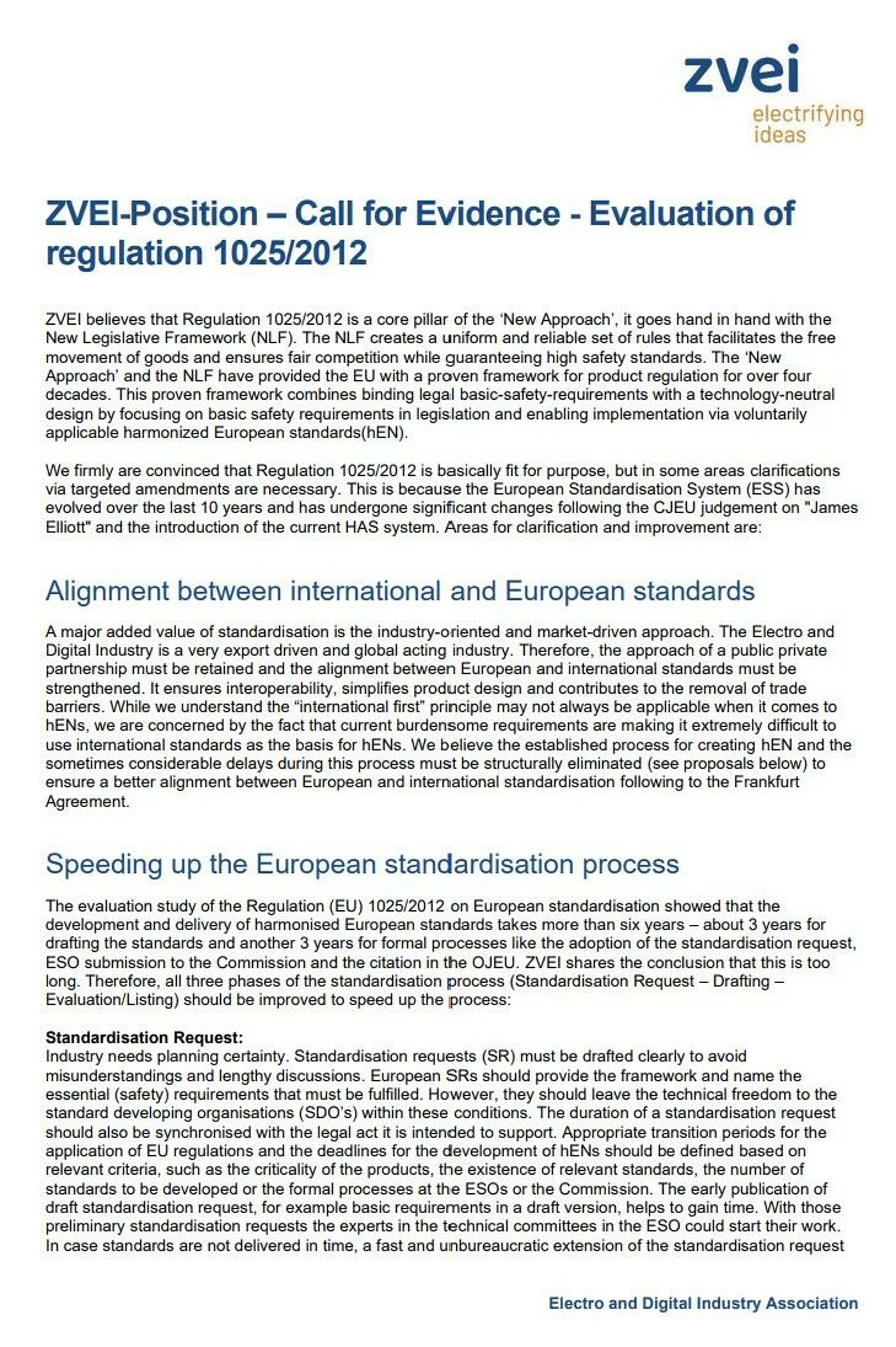 ZVEI Position on the Revision of Regulation (EU) 1025/2012 on European Standardization